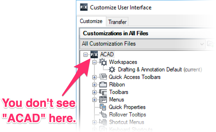 Attempting to Restore acad.cuix: ACAD Not an Option Under All ...